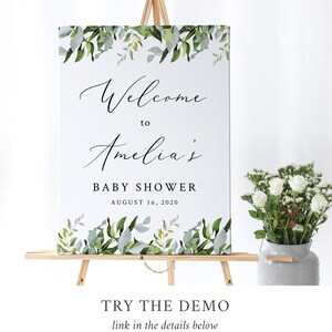 Botanical Editable Welcome Sign, Greenery Baby Shower Sign Template ...