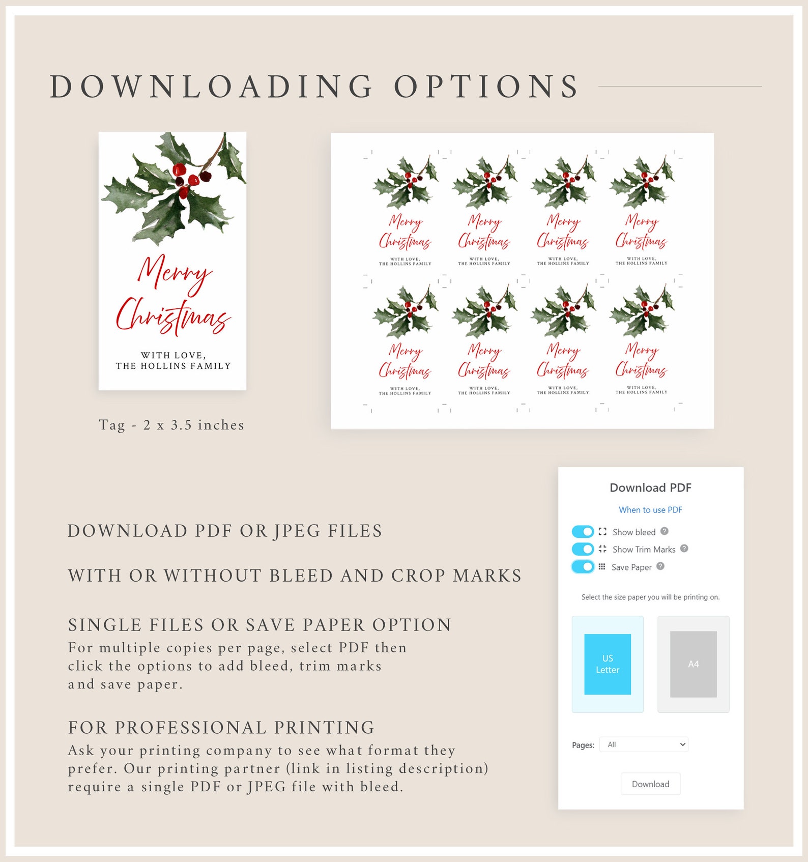 Holly Christmas Gift Tag Editable Holly Holiday Label - Etsy