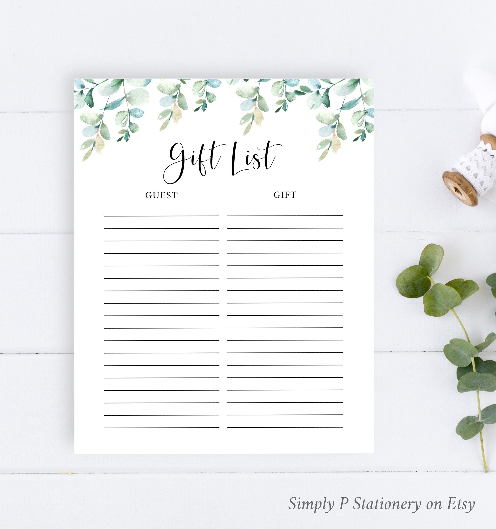 Eucalyptus Gift List Printable Sheet Baby Shower Gift List - Etsy