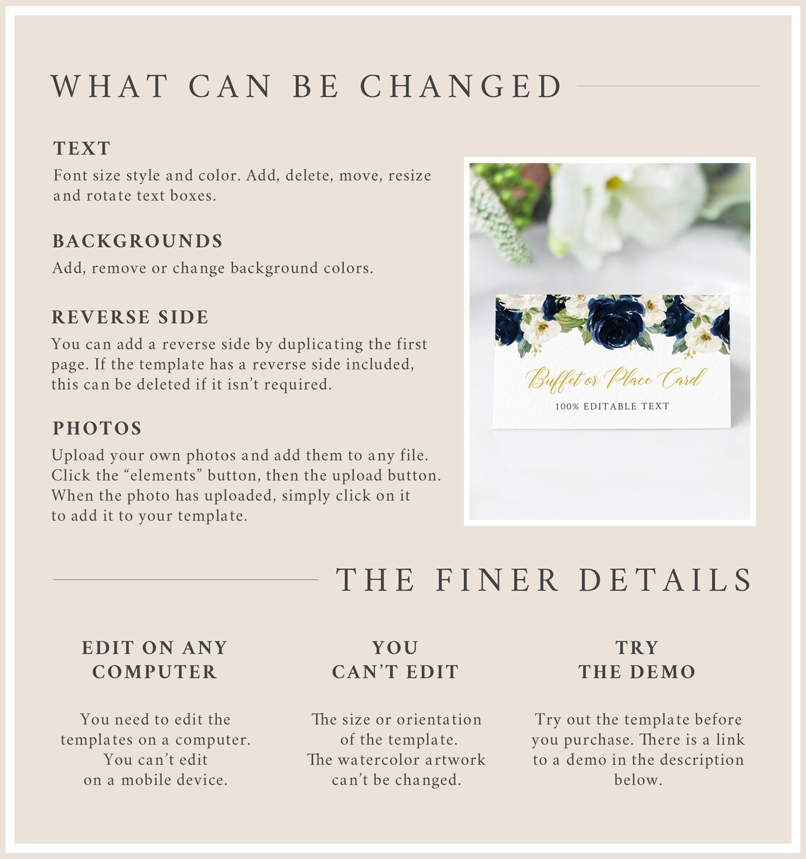 Editable Navy White Gold Floral Buffet Labels, Blue Buffet Label ...