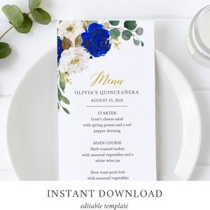 Editable Quinceanera Menu, Royal Blue Gold Floral Party Menu Template ...
