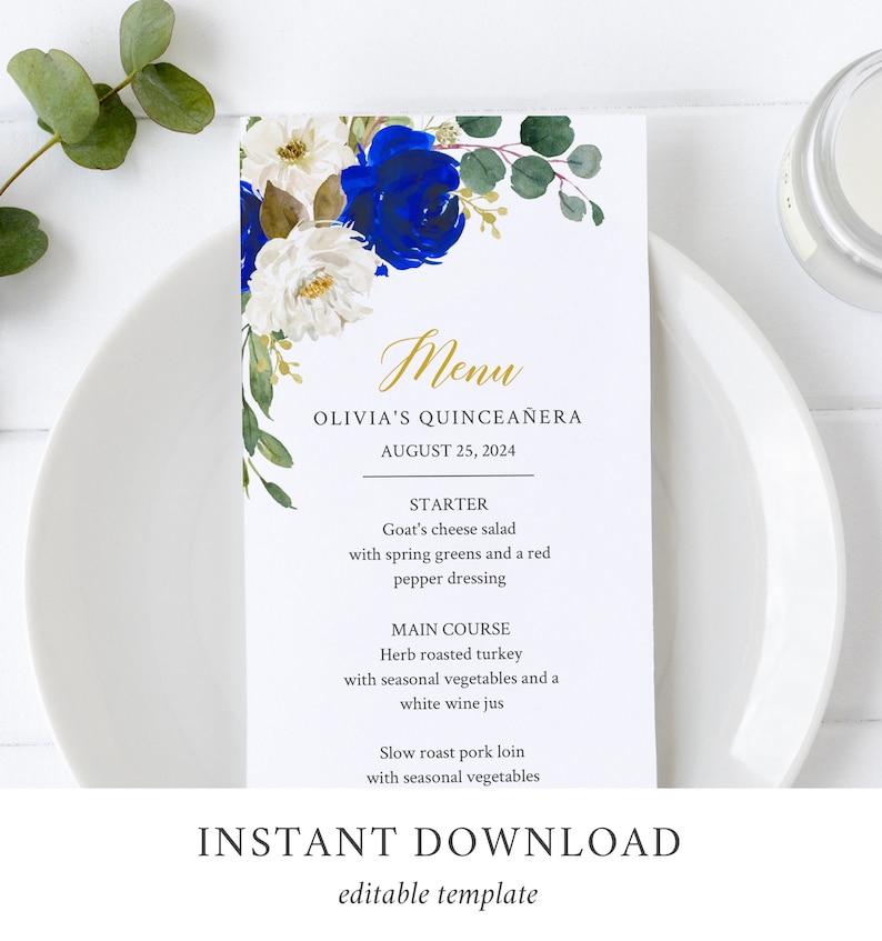 Editable Quinceanera Menu, Royal Blue Gold Floral Party Menu Template ...