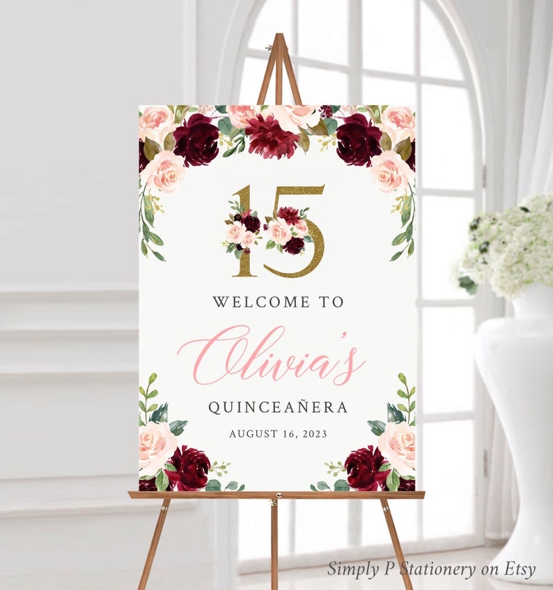 Quinceañera Burgundy Blush Gold Floral Editable Welcome Sign - Etsy