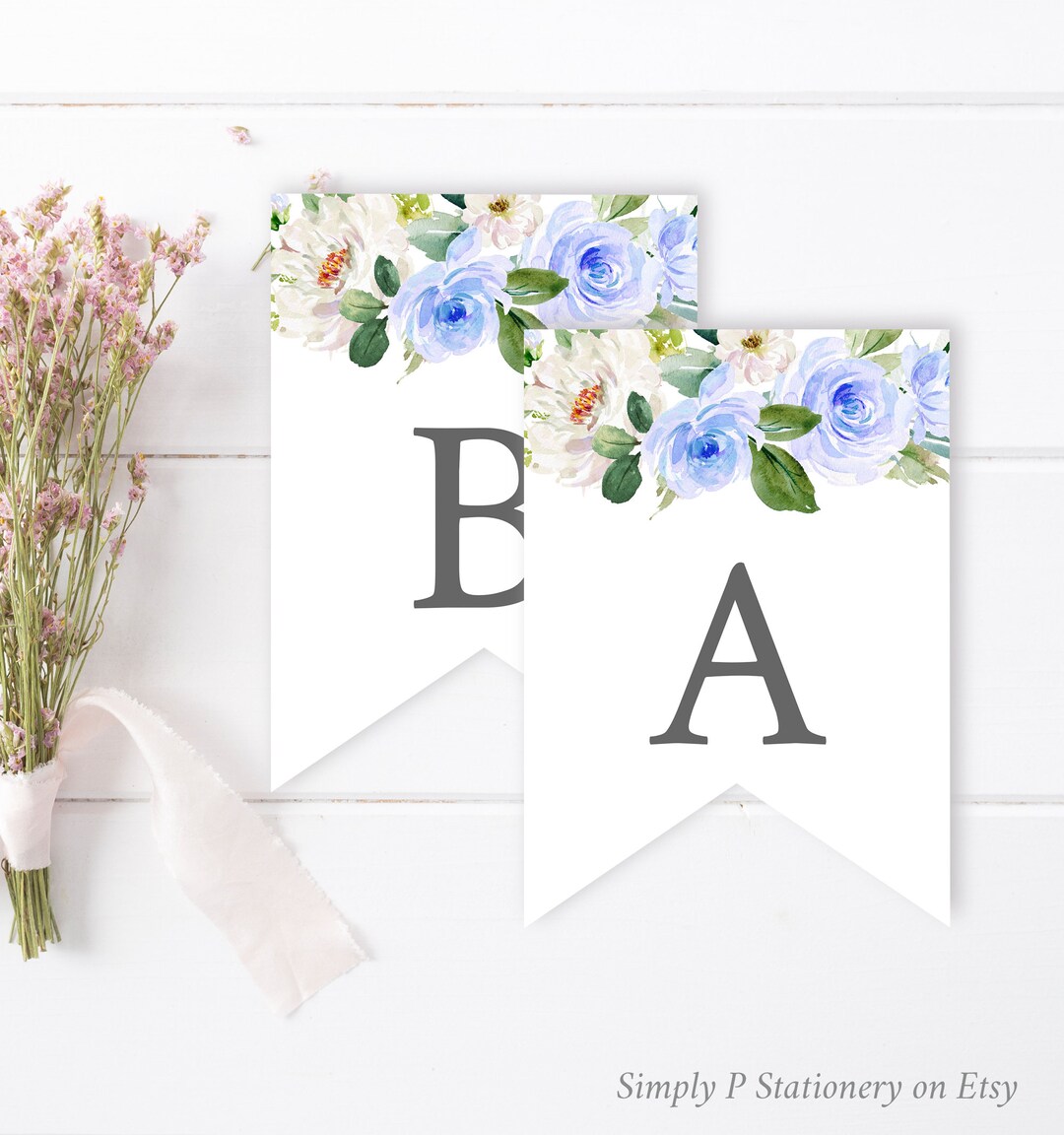 Blue Floral Editable Bunting, Blue Greenery DIY Banner Template, Girl ...