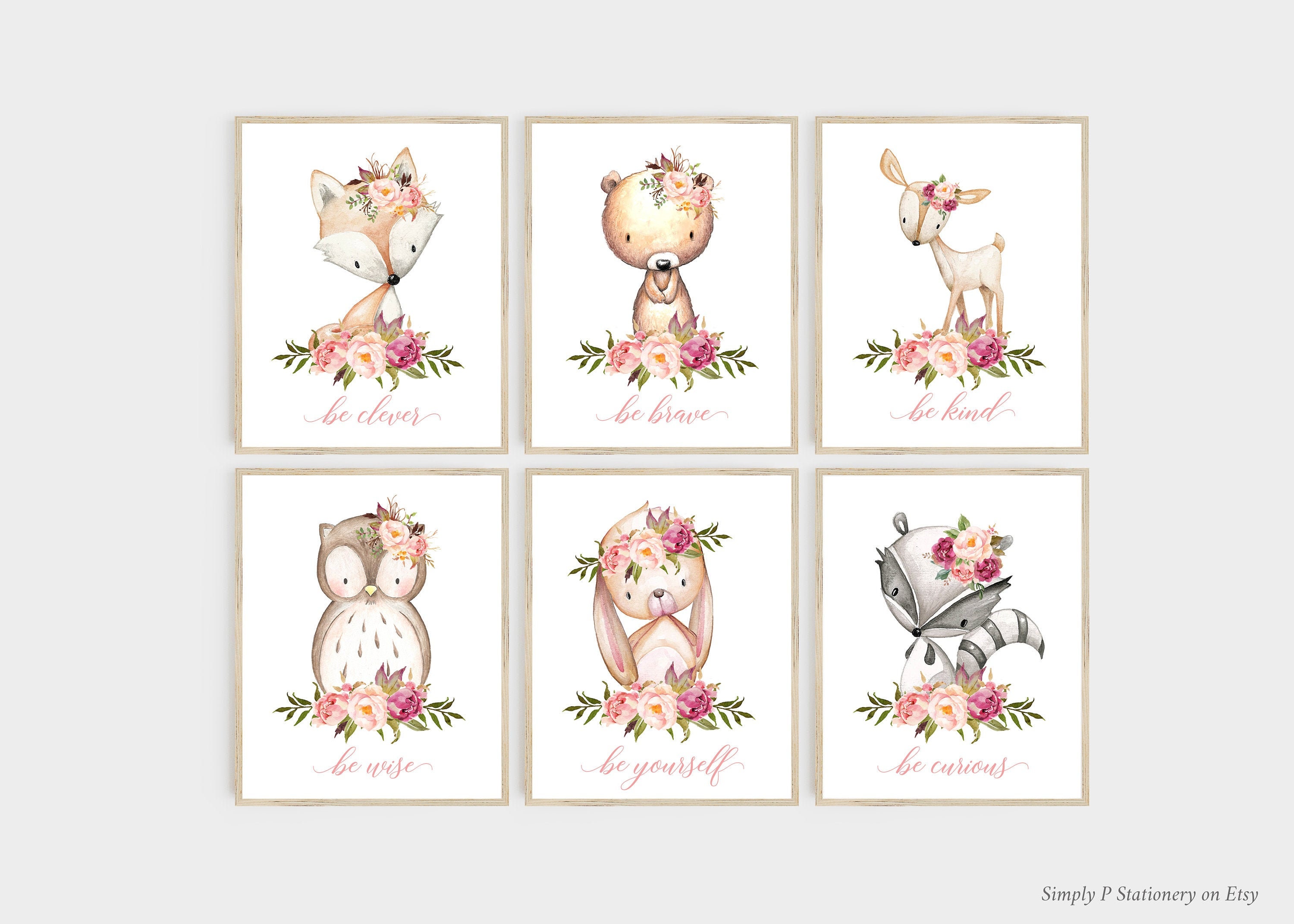 Pink Peonies Floral Woodland Animals Nursery Art Rabbit Bear | Etsy