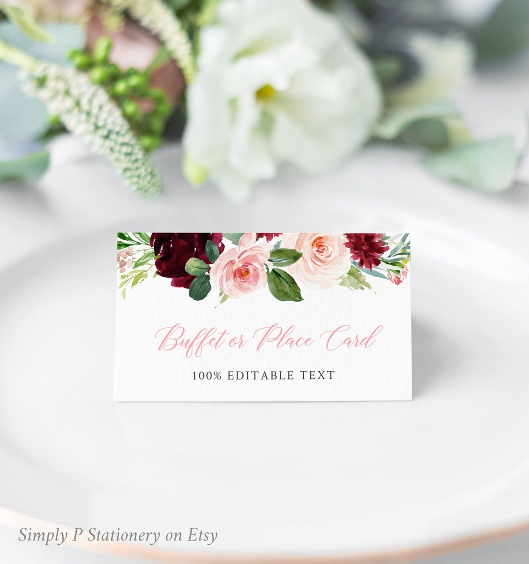 Burgundy Blush Floral Editable Buffet Labels, Pink Green Buffet Label ...