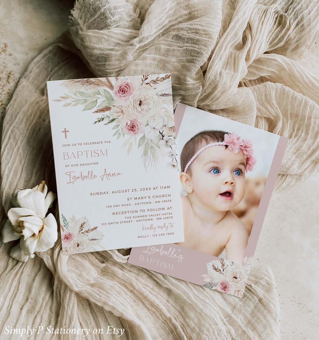 Boho Baptism Invitation Girl, Blush Christening Invite Girl, Printable ...