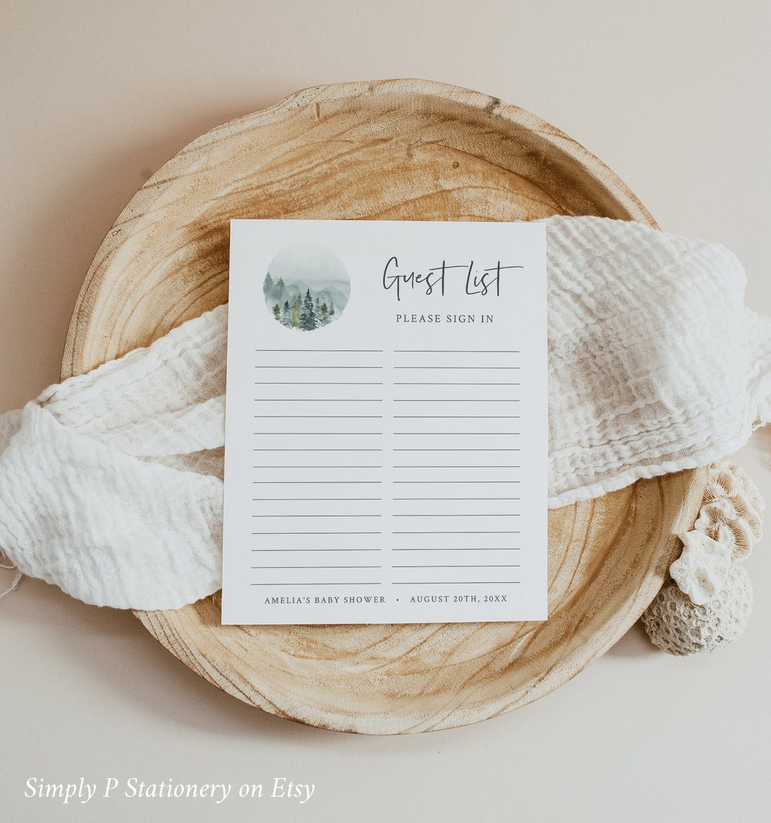 Mountains Guest List Sign in Sheet, Woodland Sign in Editable Template ...