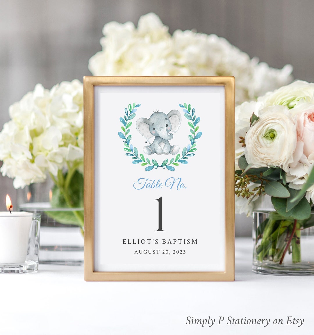 Blue Elephant Editable Table Numbers, Printable Baptism Table Number ...
