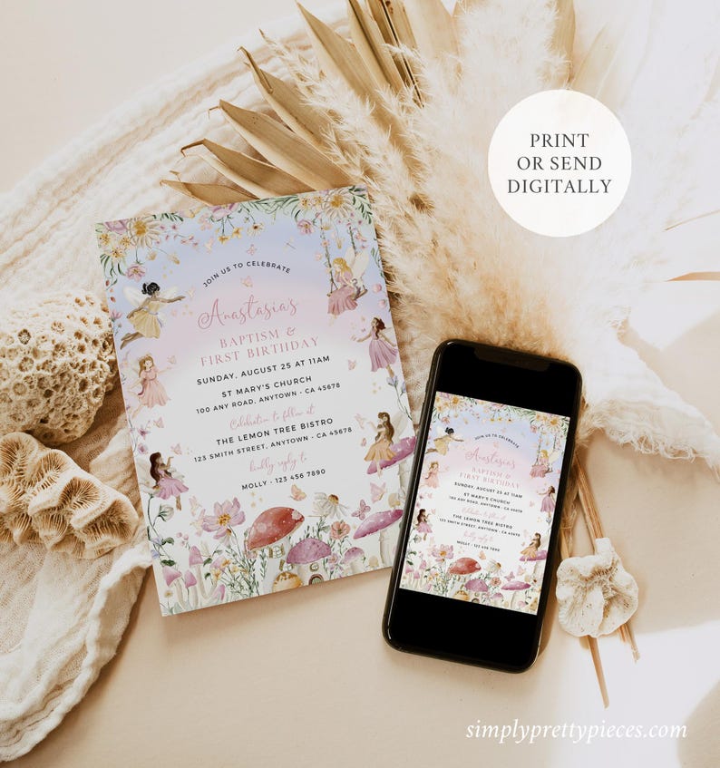 Fairy Baptism 1st Birthday Invitation Girl, Enchanted Forest ...