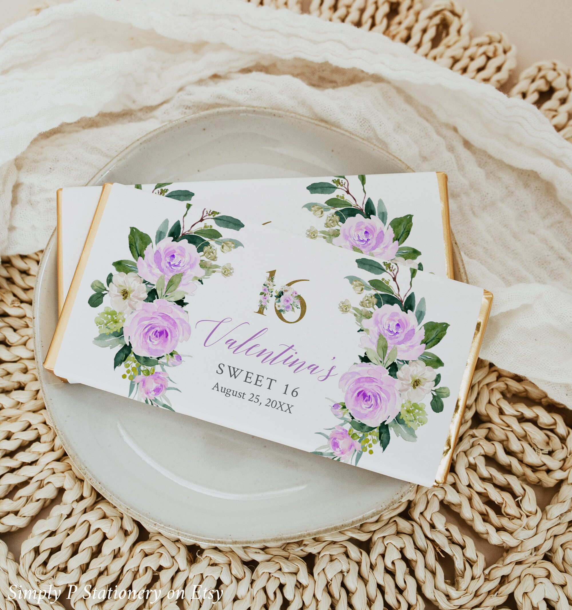 Sweet 16 Candy Bar Wrappers, Gold Lilac Floral Chocolate Bar Wrapper ...