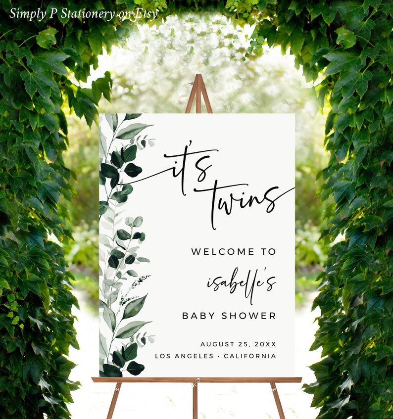 Twins Baby Shower Welcome Sign, Greenery Welcome Poster Baby Shower ...