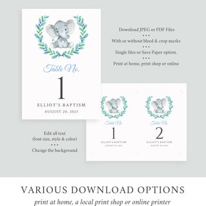 Blue Elephant Editable Table Numbers, Printable Baptism Table Number ...