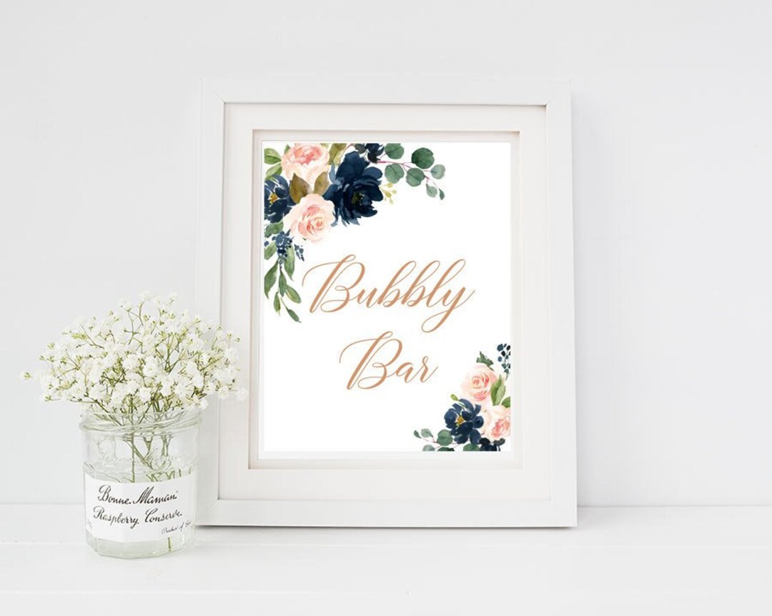 Navy Rose Gold Printable Floral Bubbly Bar Sign, Boho Wedding Bar Sign ...