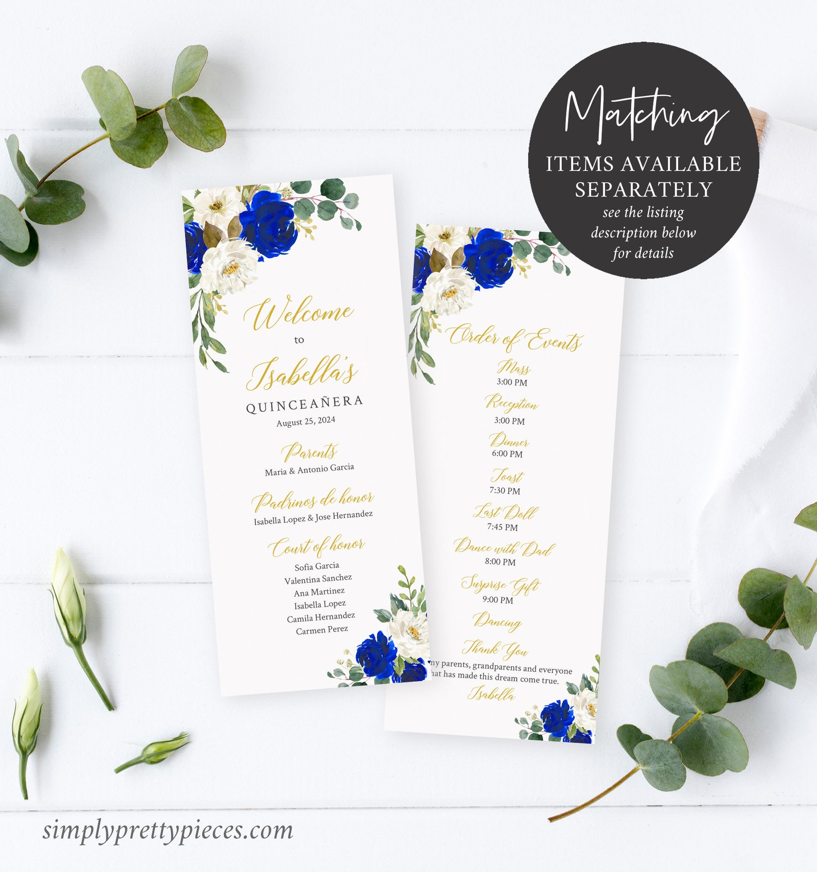 Editable Quinceanera Menu, Royal Blue Gold Floral Party Menu Template ...