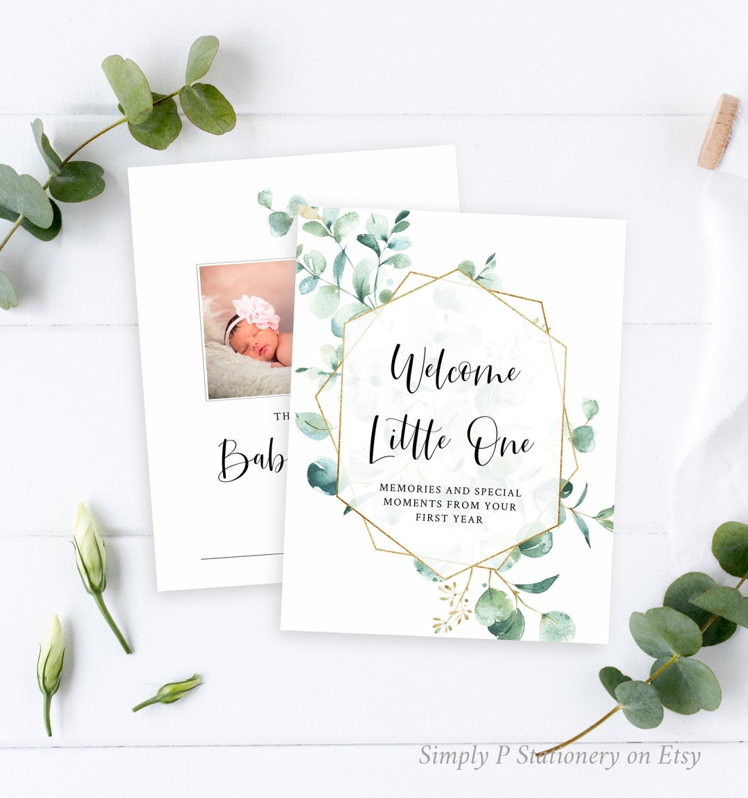 Eucalyptus Gold Editable Baby Book, Greenery Printable Baby First Year ...