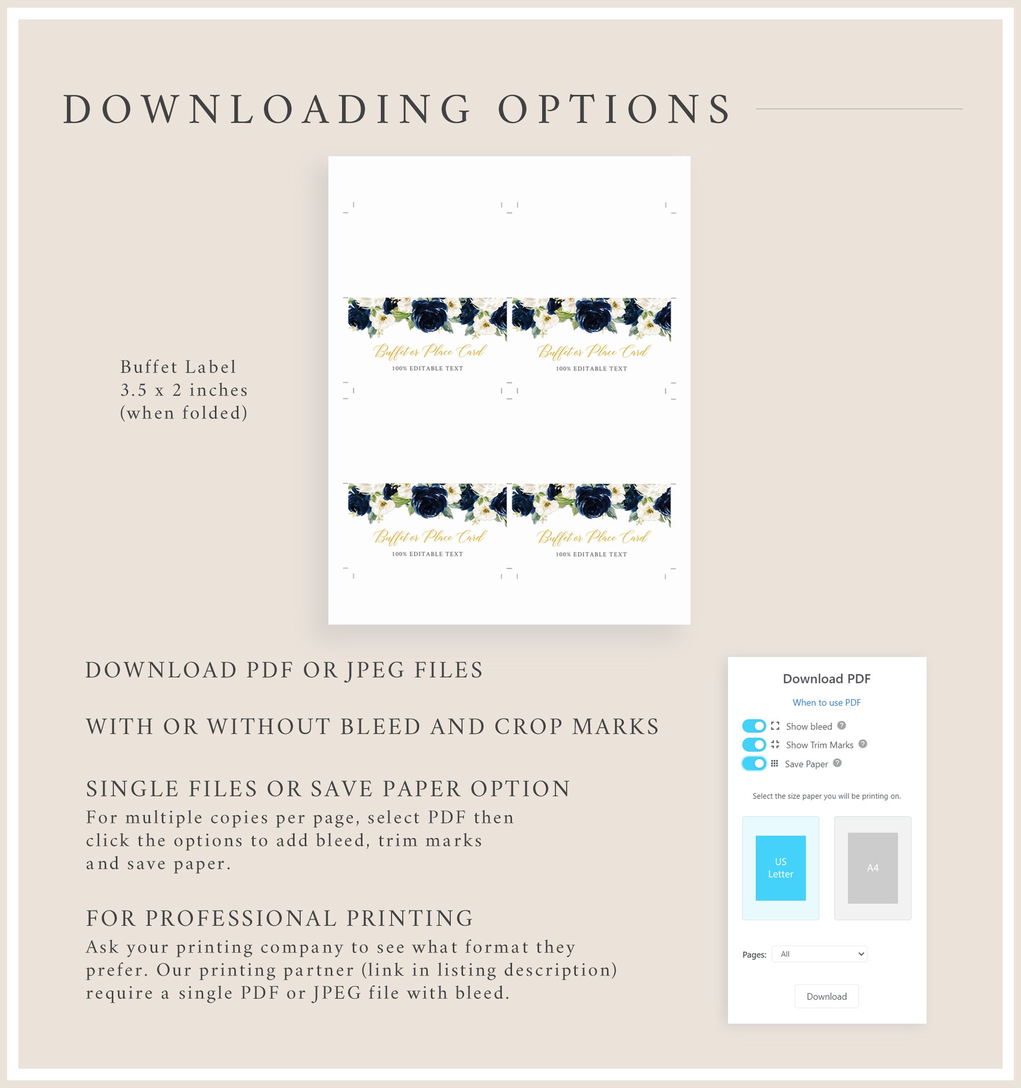 Editable Navy White Gold Floral Buffet Labels Blue Buffet - Etsy