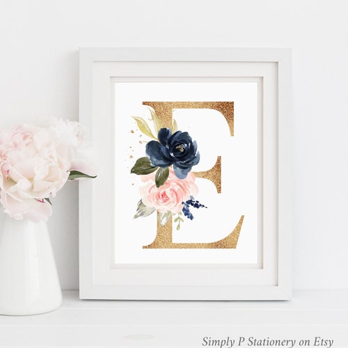 Navy Blush Gold Floral Monogram Nursery Art Printable Pink - Etsy