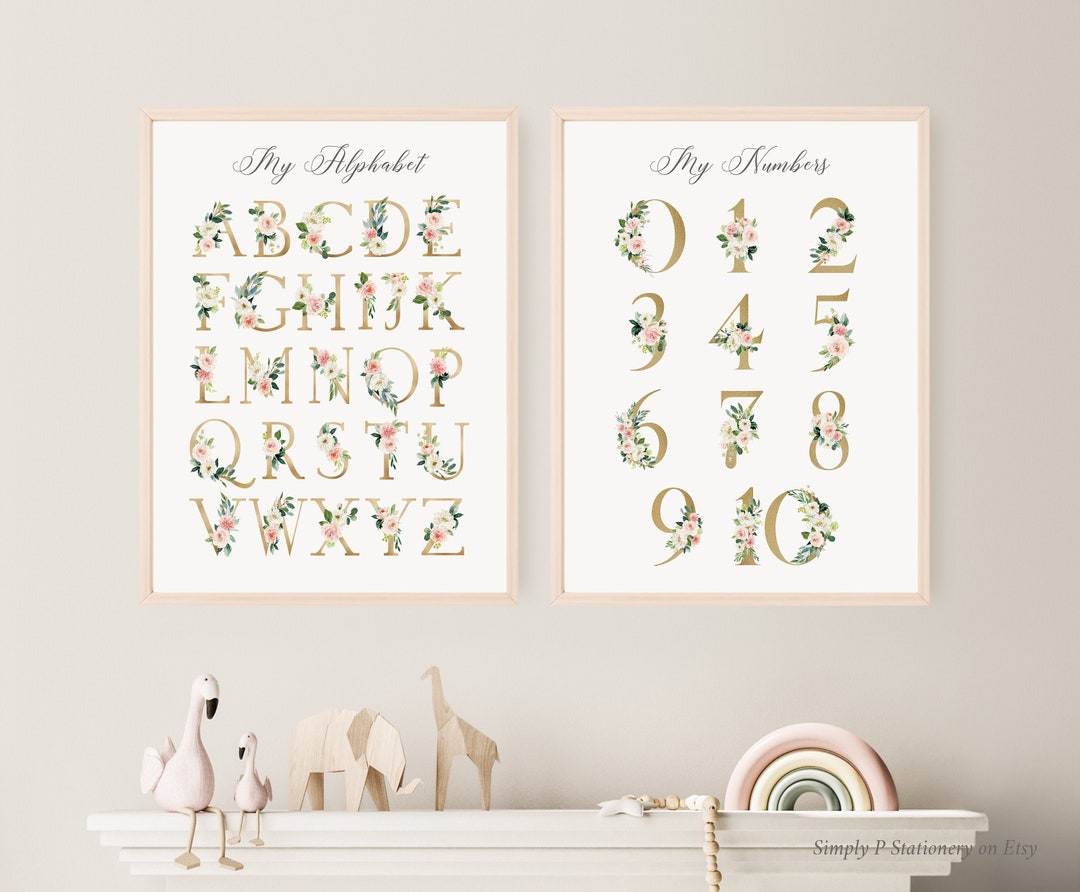 Blush Gold Floral Alphabet Numbers Wall Art, Printable Play Room Decor ...