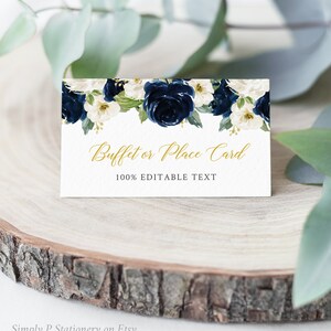 Editable Navy White Gold Floral Buffet Labels, Blue Buffet Label ...
