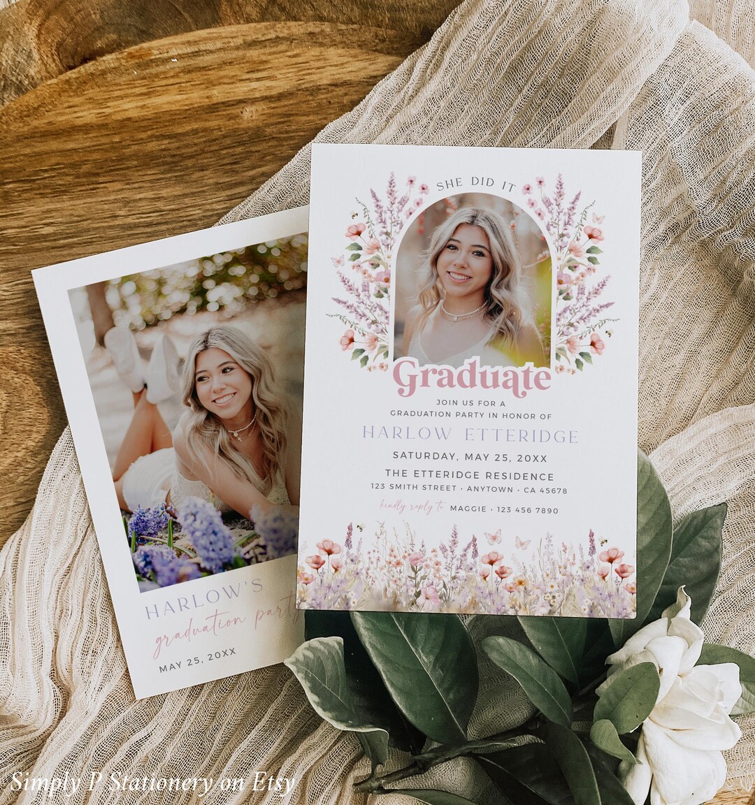 Wildflower Graduation Party Photo Invitation, Floral Graduation ...