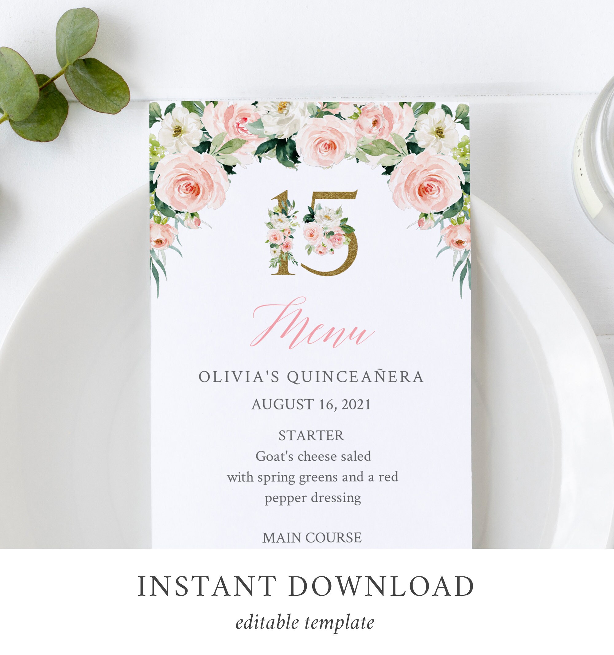 Blush Pink Gold Editable Quinceanera Menu, Floral Party Menu Template ...