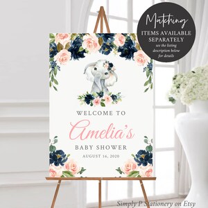 Navy Pink Floral Elephant Editable Bunting, Blush DIY Banner Template ...