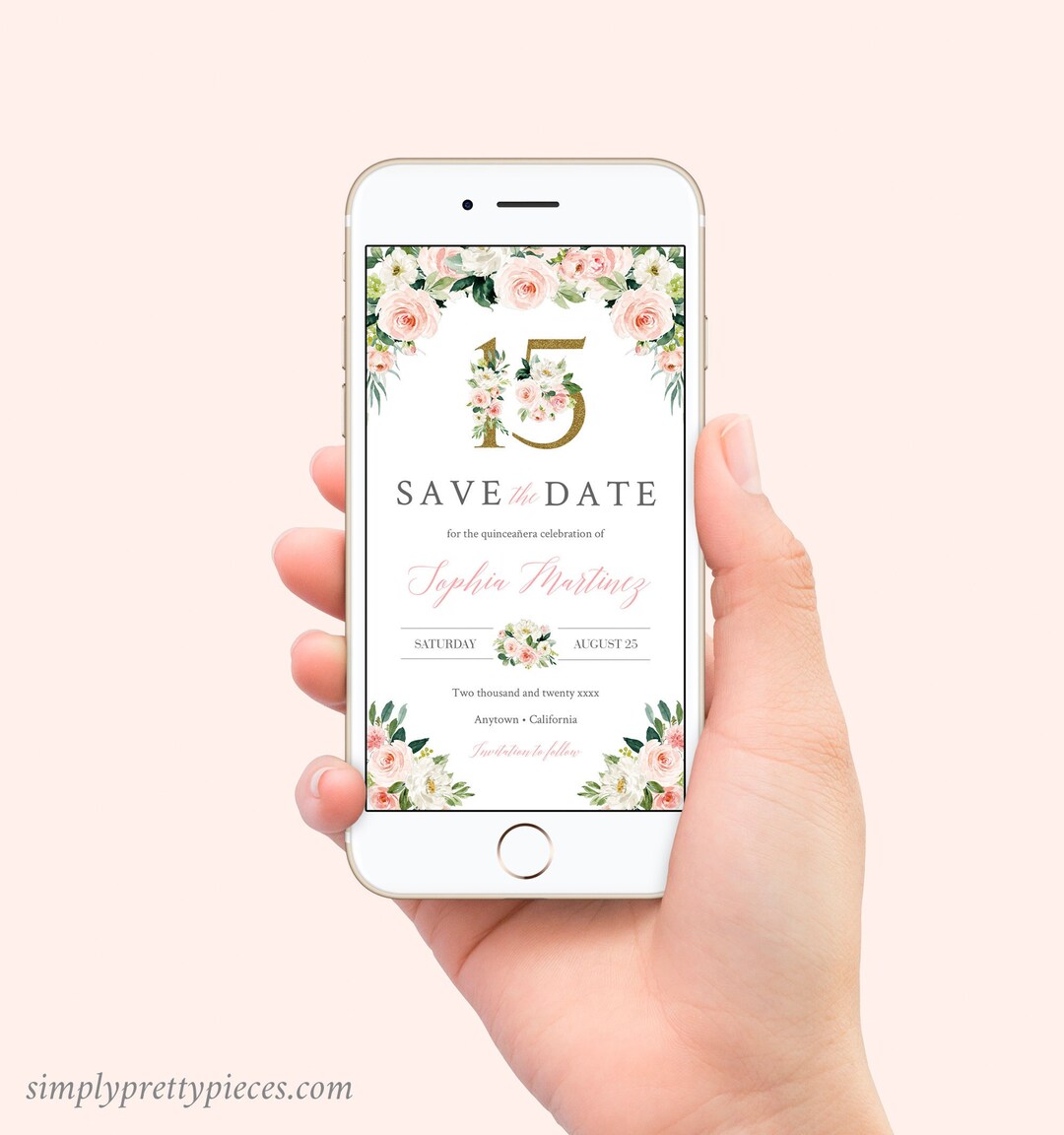 Blush Quinceañera Save the Date, Digital Pink Gold Quince Evite ...