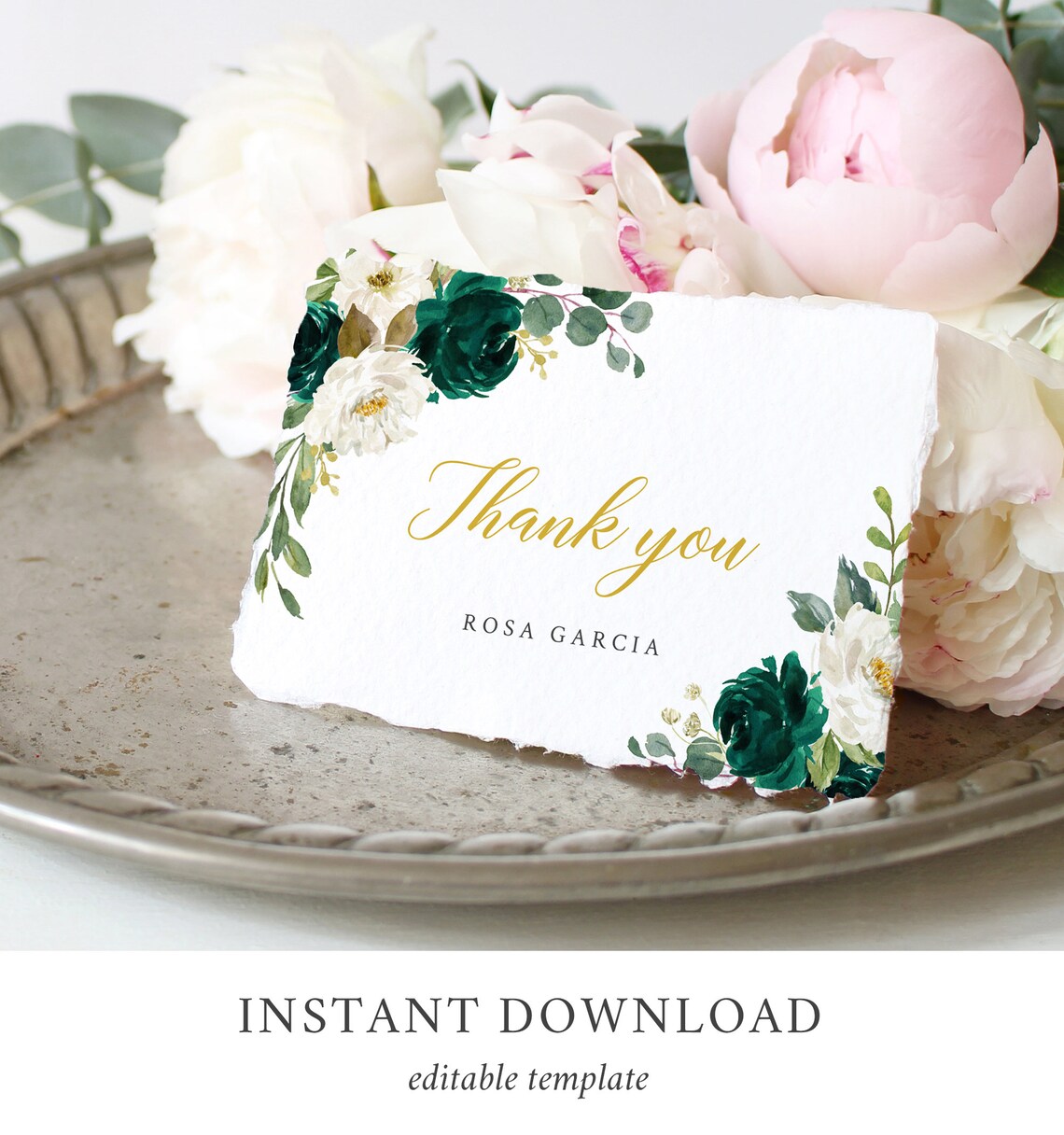Emerald Gold Editable Thank You Card, Printable Gold Greenery Thank You ...