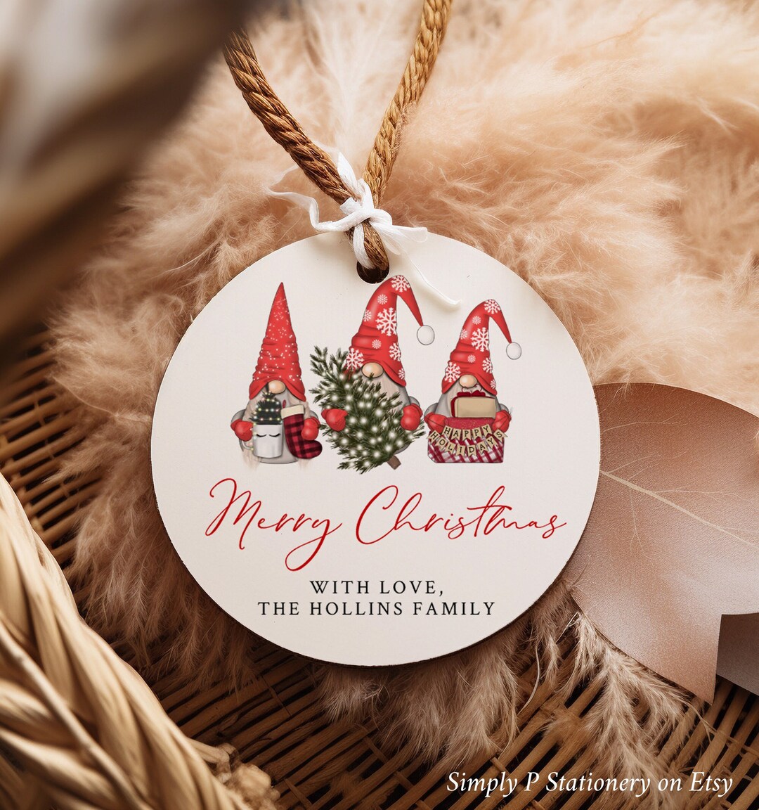 Scandi Gnomes Christmas Gift Tag Template, Printable Round Holiday Tag ...