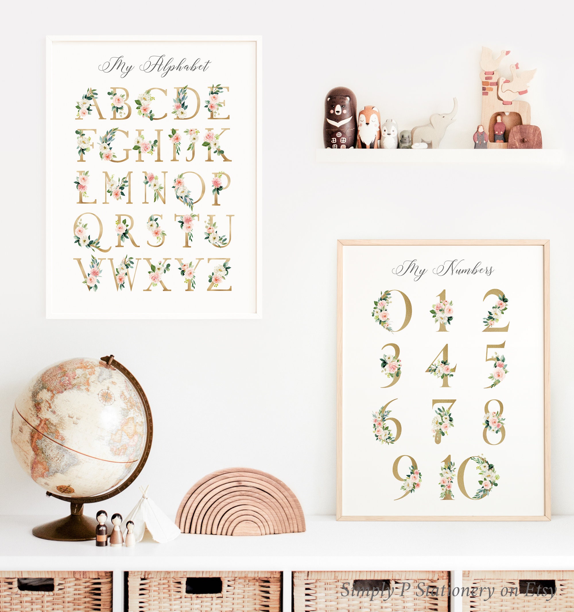 Blush Gold Floral Alphabet Numbers Wall Art Printable Play - Etsy