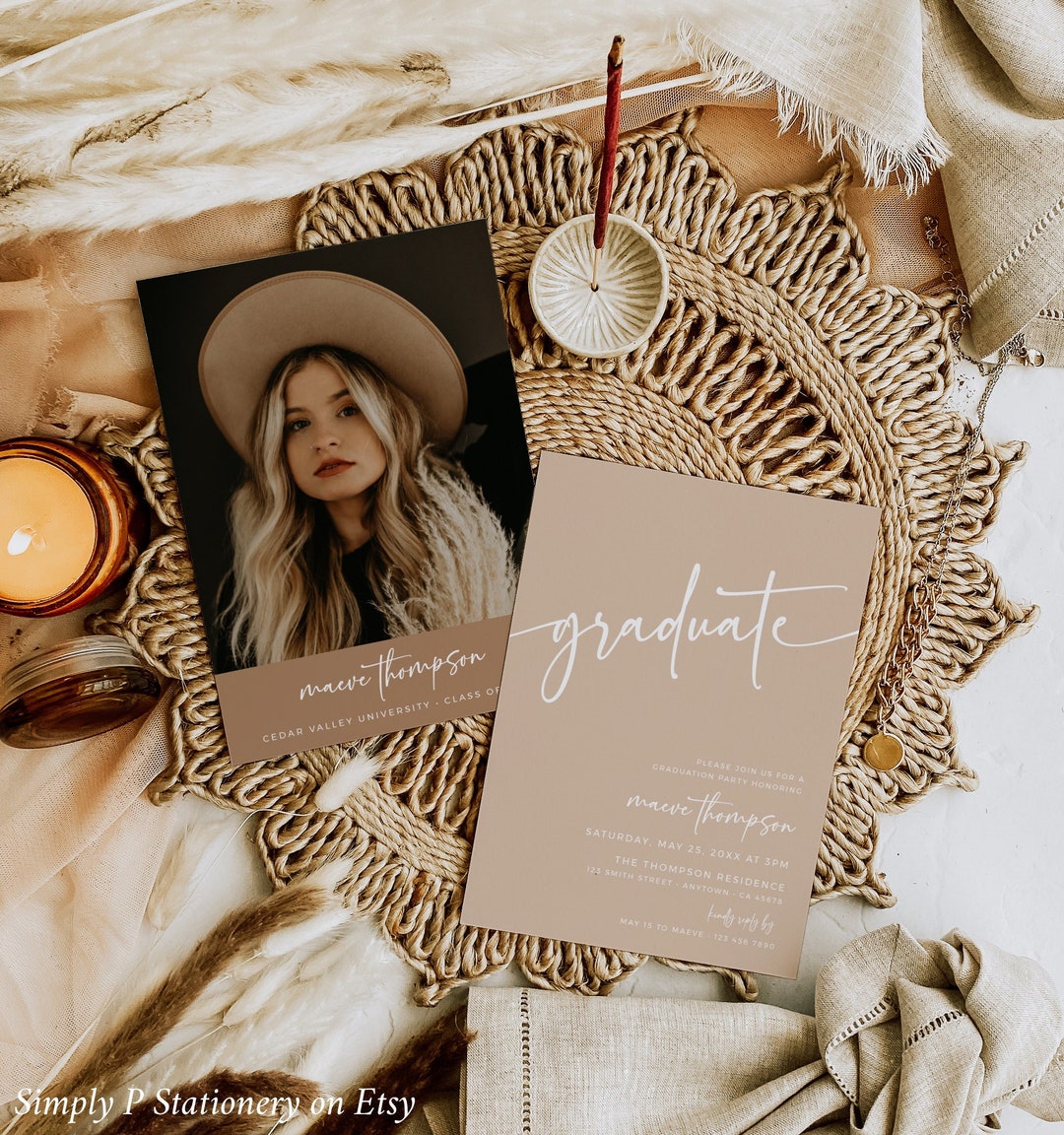 Neutral Graduation Invitation, Boho Graduation Party Photo Invite ...