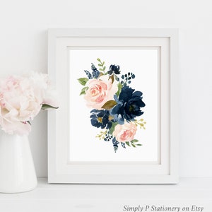 Navy Blush Pink Floral Printable Nursery Art, Boho Girls Nursery Decor ...