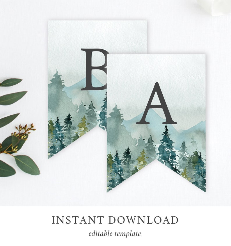 Mountains Editable Bunting, Woodland DIY Banner Template, Rustic Custom ...
