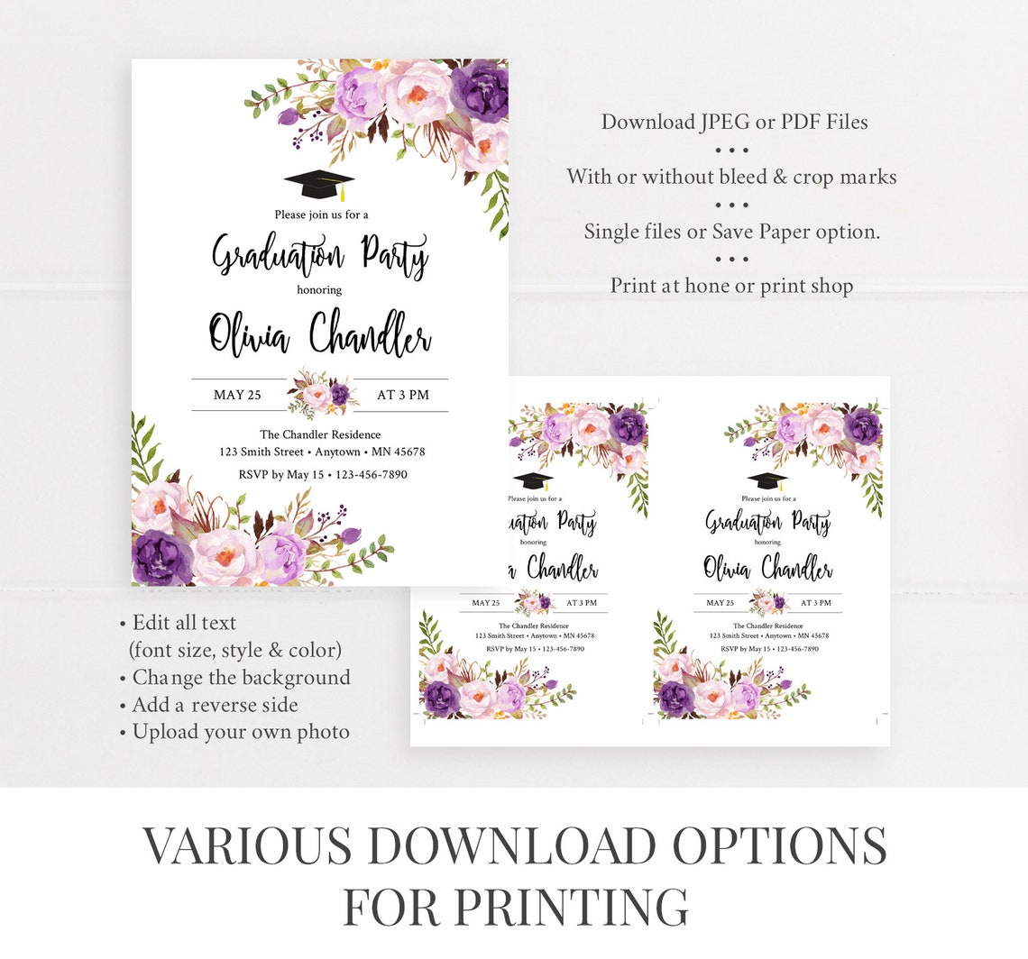 Purple Floral Editable Graduation Party Invitation, Printable Invite ...