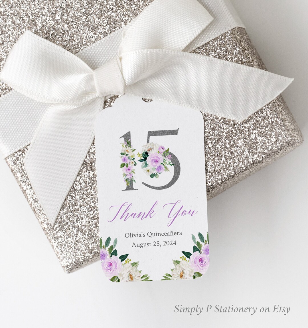 Lilac Silver Editable Quinceanera Tag, Purple Floral Favor Tag Template ...
