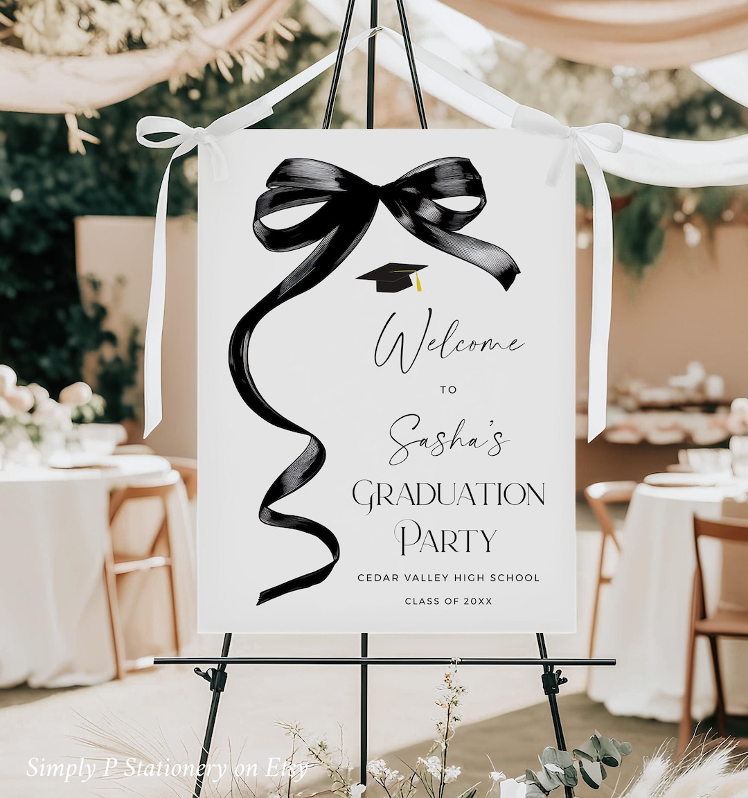 Black Bow Graduation Party Welcome Sign, Black Ribbon Graduation ...