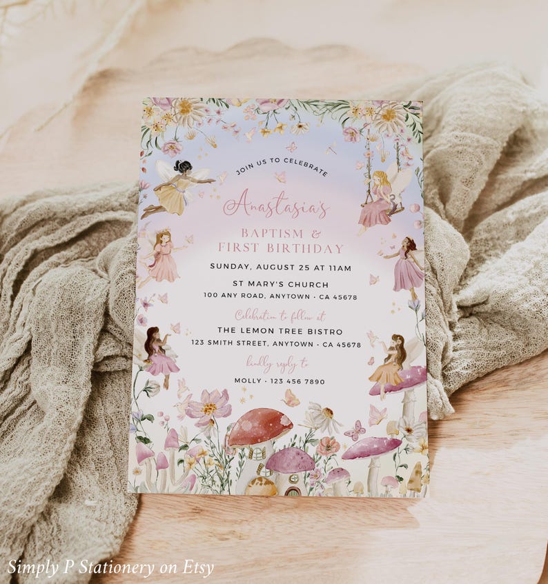 Fairy Baptism 1st Birthday Invitation Girl, Enchanted Forest ...