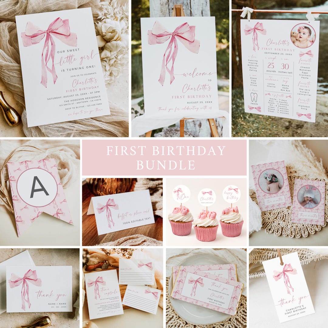 Pink Bow First Birthday Bundle Girl 1st Birthday Party Invitation Set ...