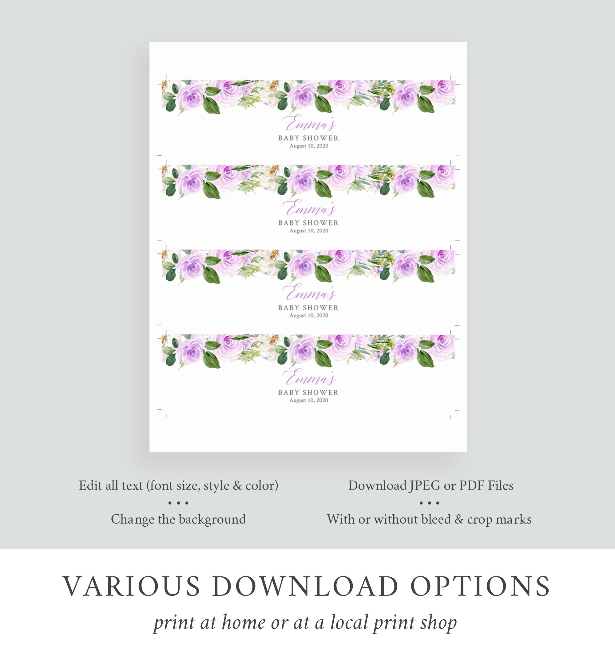 Lilac Floral Editable Personalised Water Bottle Labels - Etsy