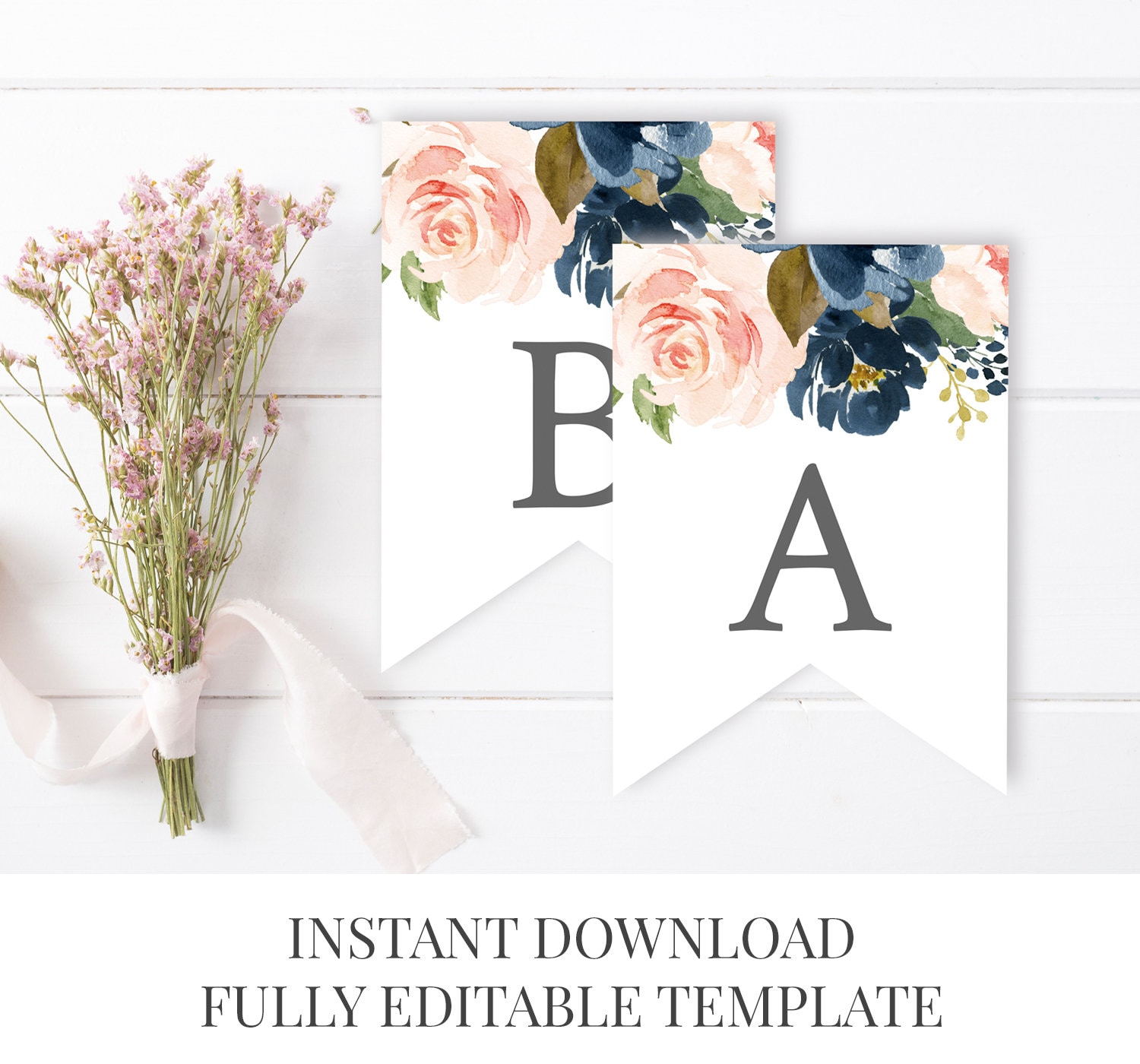 Navy Pink Floral Editable Bunting, Blush Floral DIY Banner Template ...