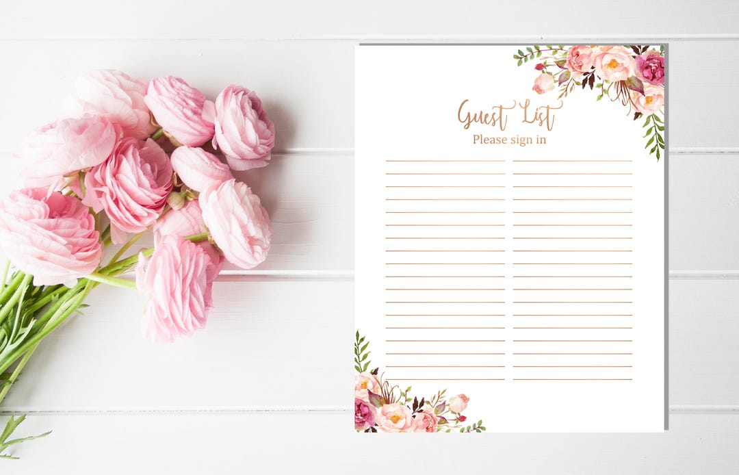 Rose Gold Boho Guest List Printable Sheet, Bridal Shower Guest List ...