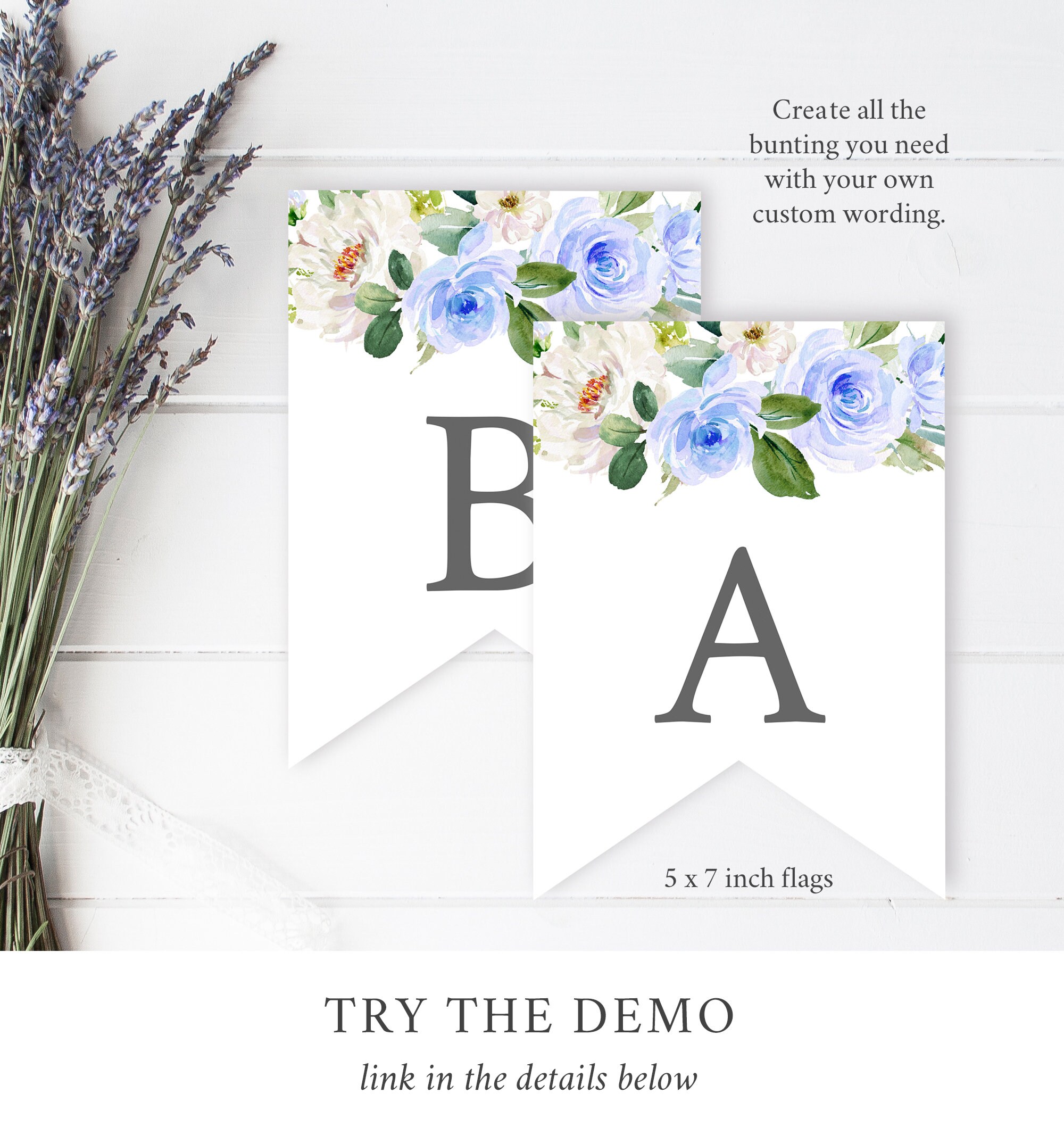 Blue Floral Editable Bunting Blue Greenery DIY Banner - Etsy