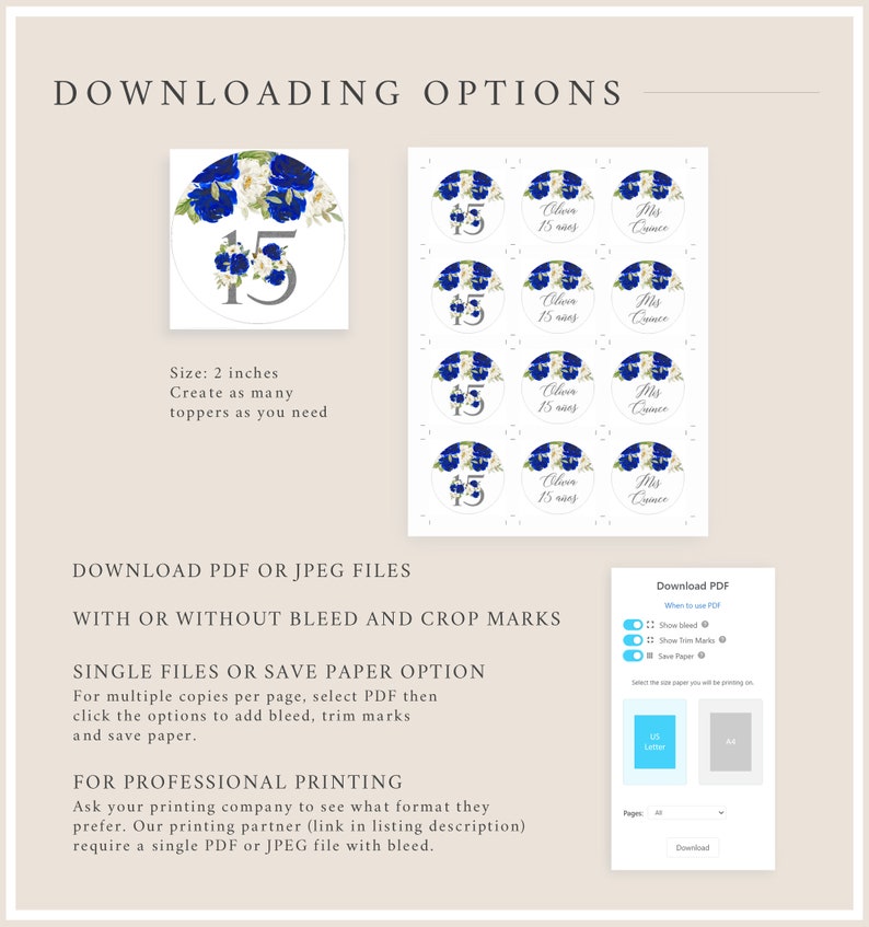 Royal Blue Silver Editable Cupcake Toppers Blue Floral - Etsy