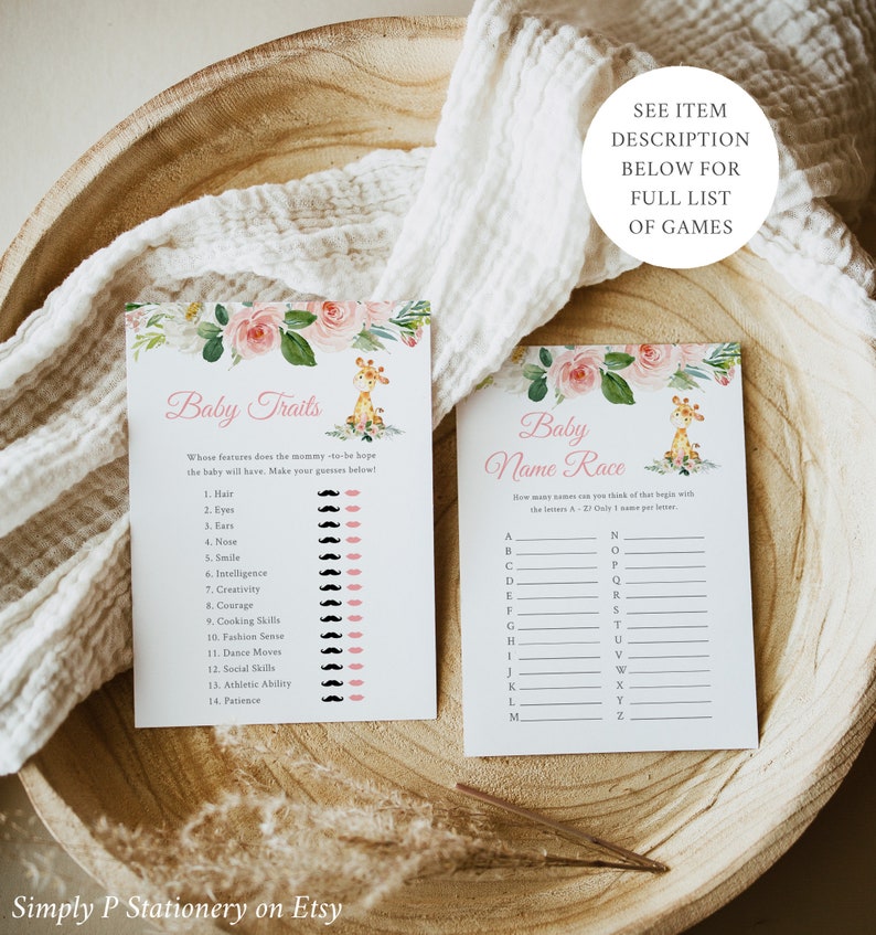 Pink Giraffe Baby Shower Games Bundle Girl, Floral Baby Shower Games ...