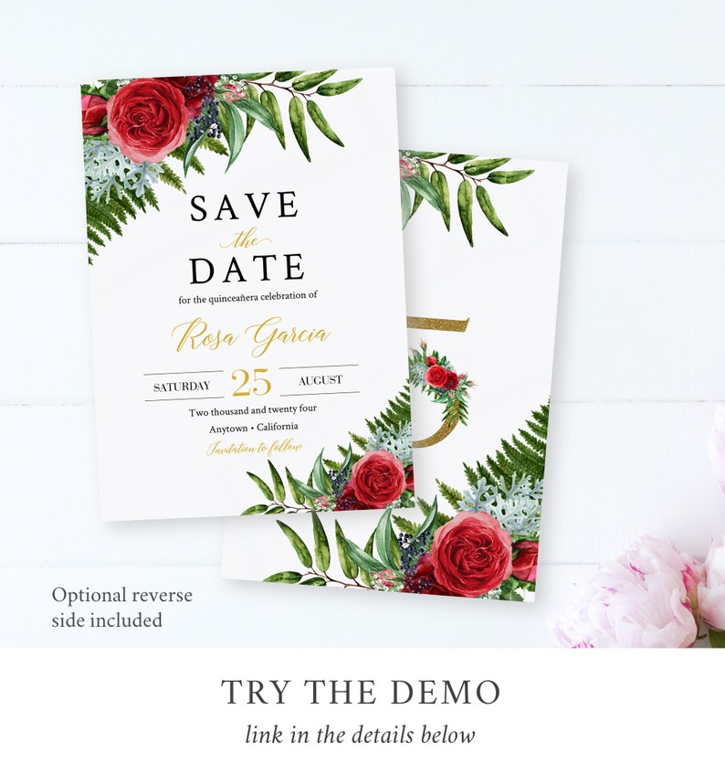 Red Rose Green Gold Floral Quinceanera Editable Save the Date - Etsy