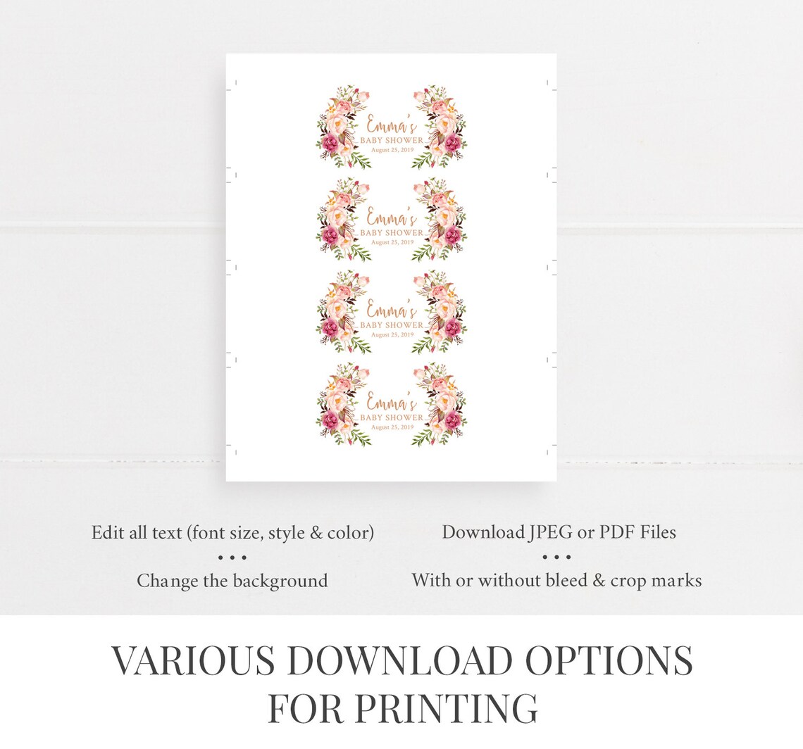 Rose Gold Editable Personalised Water Bottle Labels Boho - Etsy