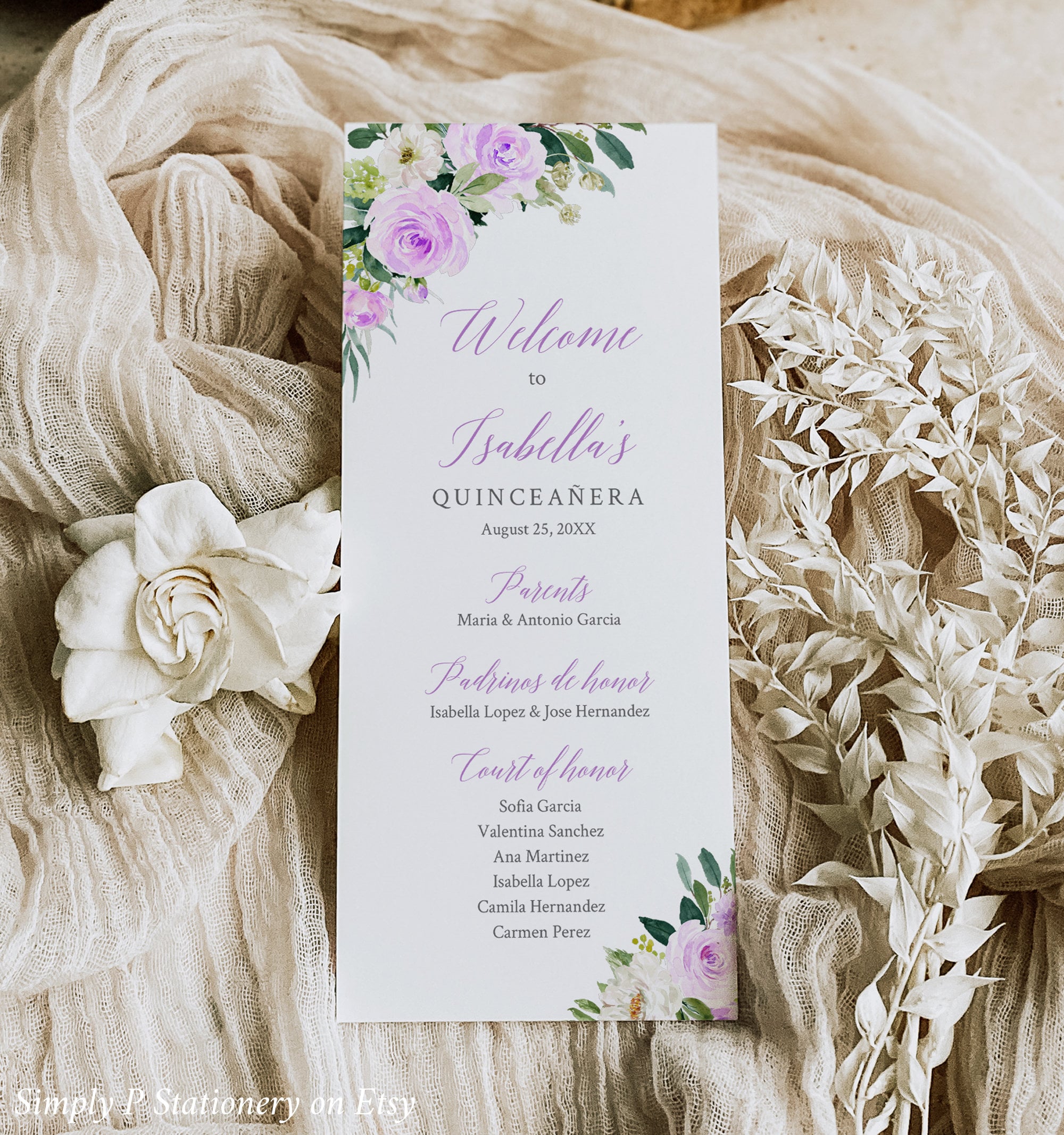 Lilac Quinceañera Program, Quinceañera Order of Events, Printable ...