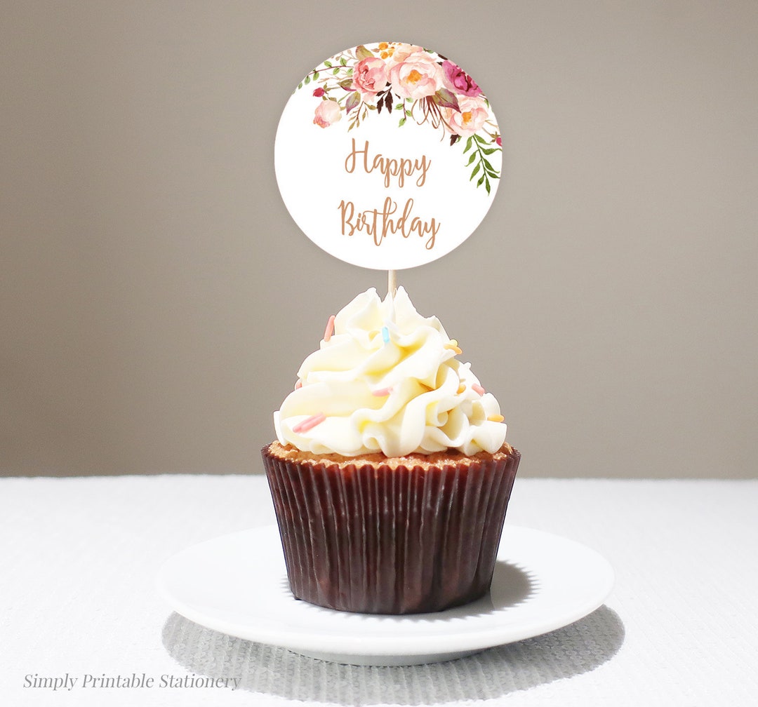 Rose Gold Editable Birthday Cupcake Toppers, Printable Cupcake Topper ...