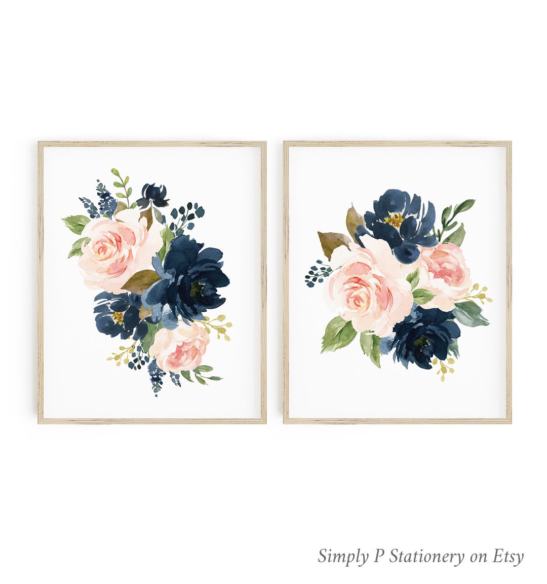 Navy Blush Pink Floral Printable Nursery Art, Boho Girls Nursery Decor ...